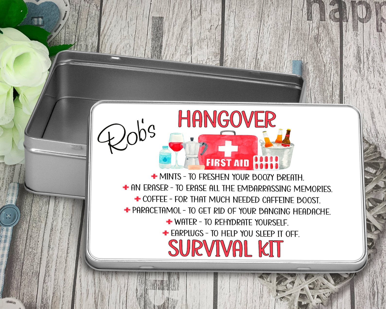 Personalised Hangover Kit Tin Gift Idea - Metallic Tin With First Aid ...
