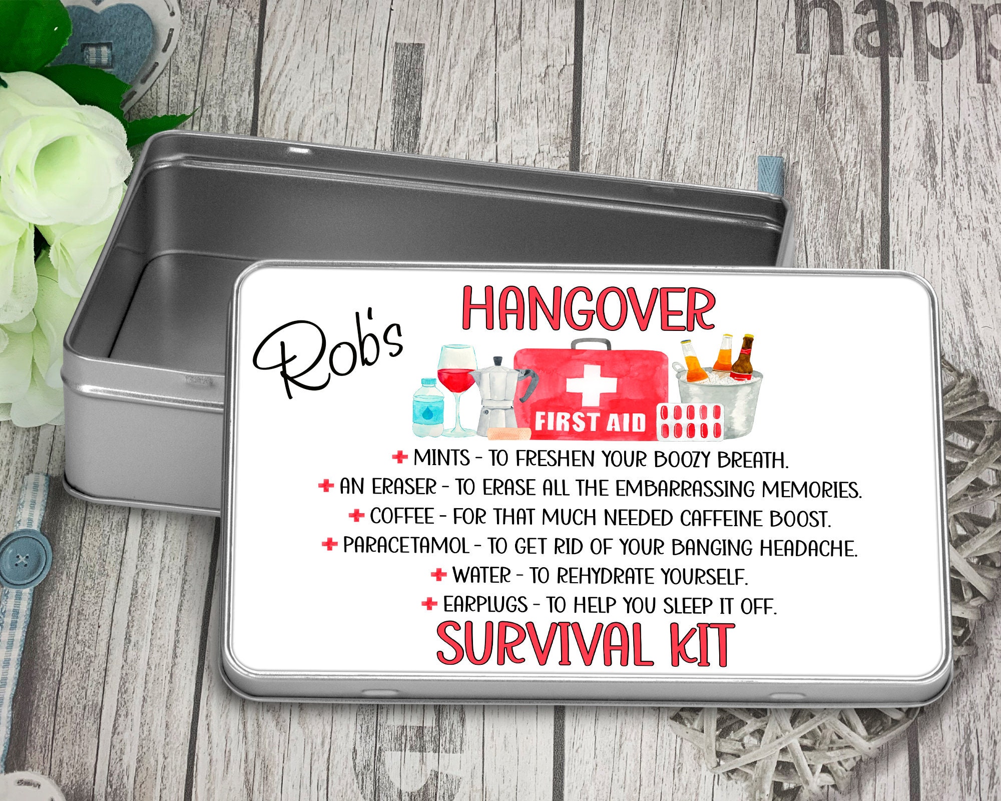 Personalised hangover kit tin gift idea Metallic tin with | Etsy