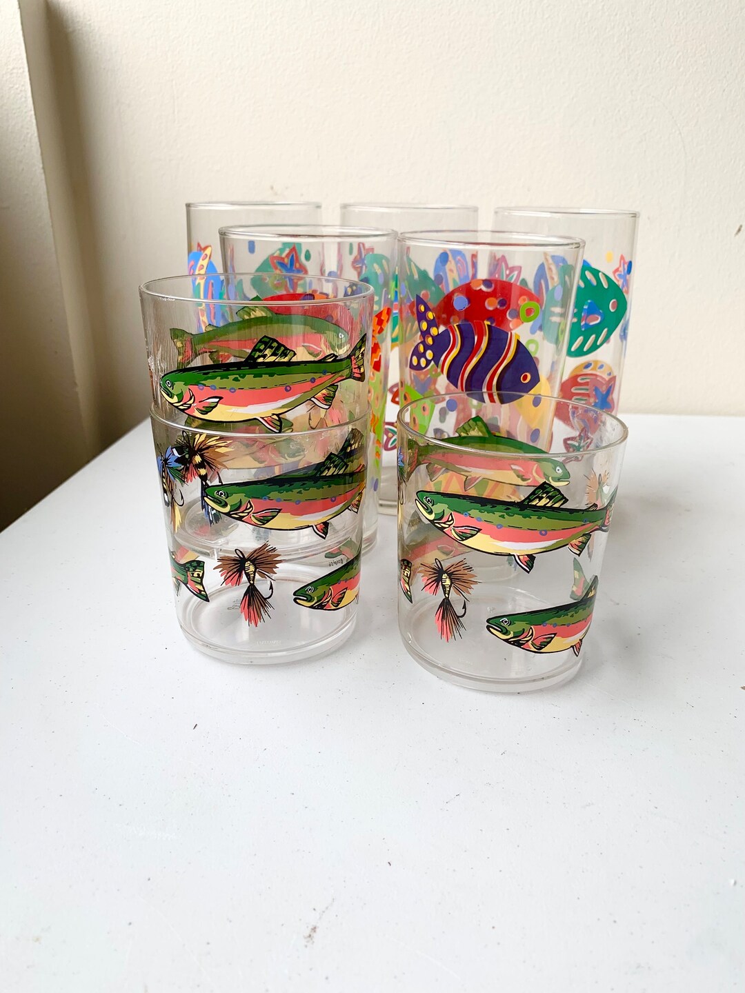 Vintage Colorful Tropical Fish Glasses. 90s Nostalgia. Plastic Water ...