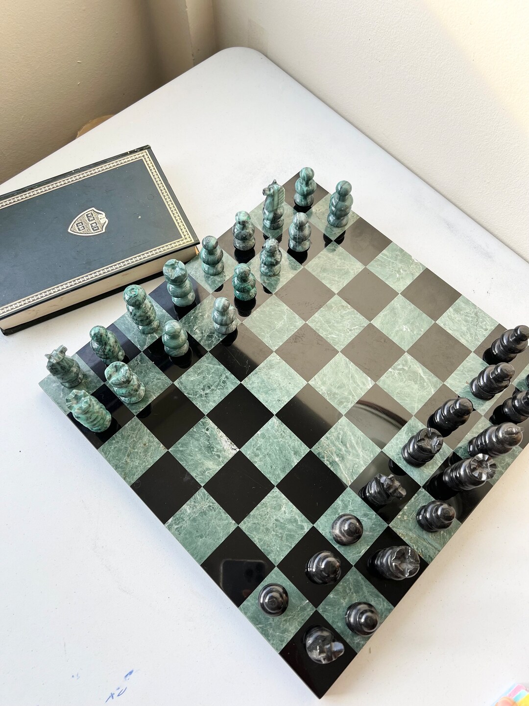 Vintage Jadite Chess Board. Onyx Chess Set. Handmade Chess Set. Mens ...