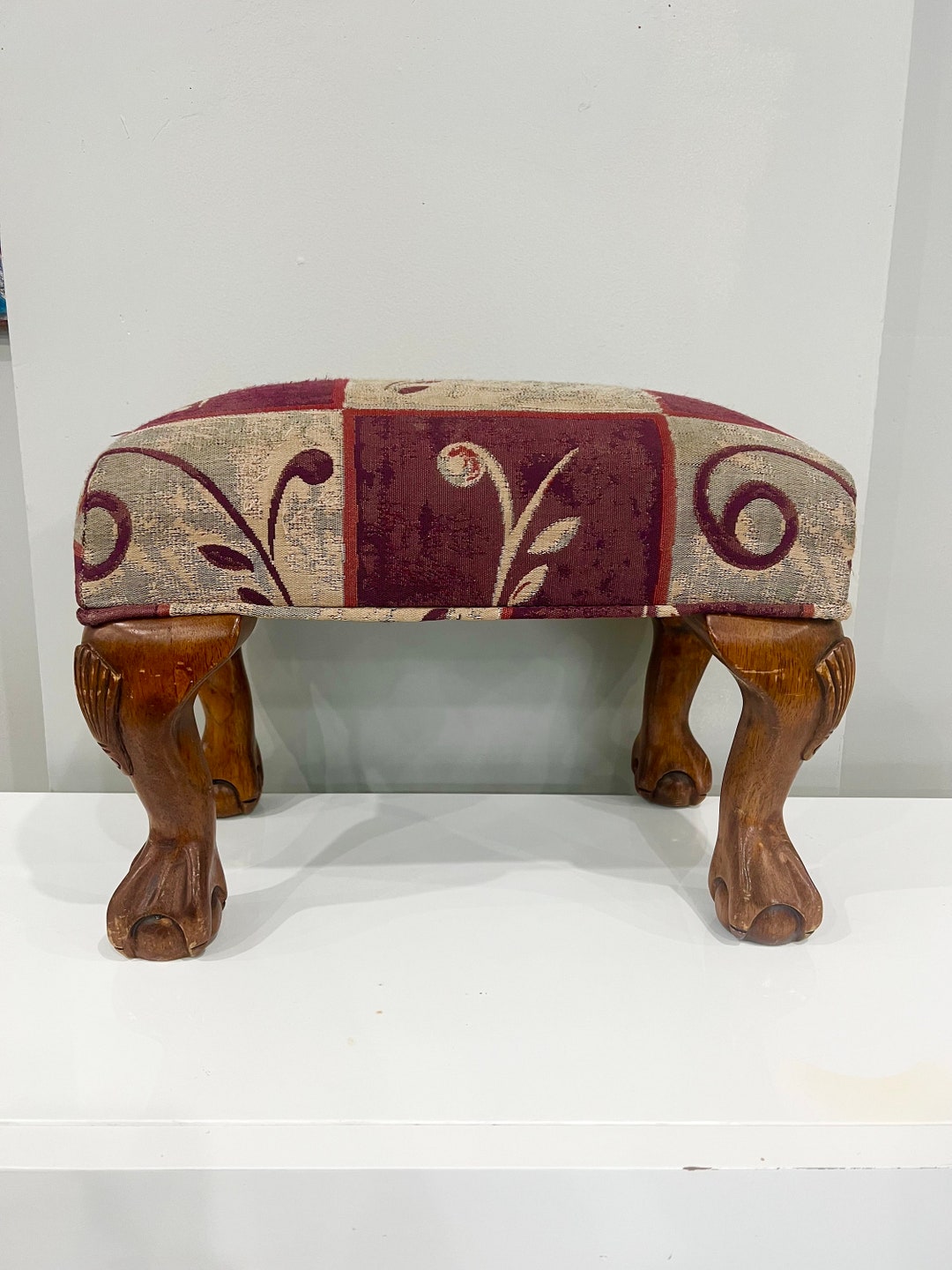 Vintage Footstool With Claw Feet – Tapestry Upholstered Ottoman Seat ...