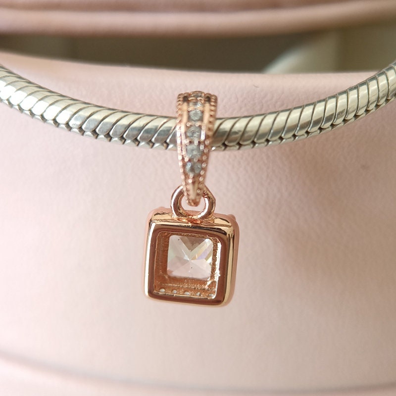 Square Sparkle Halo Pendant Charm Fits Pandora Charms Bracelet Gift for Her Necklace Pendant Fashion Jewelry Gift Rose Gold Charm Bead