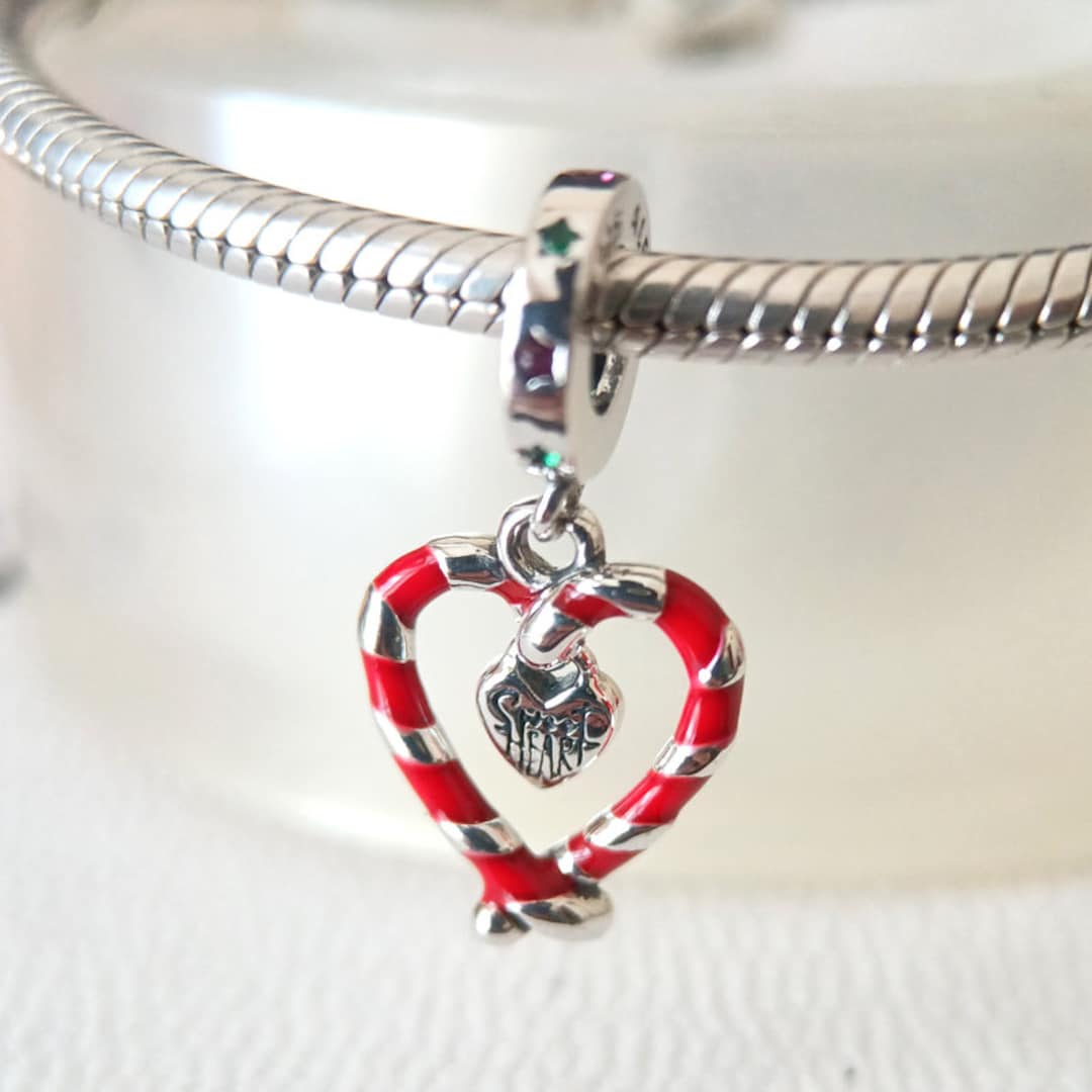 Double Candy Cane Heart Christmas Dangle Charm Fits Pandora Bracelet ...