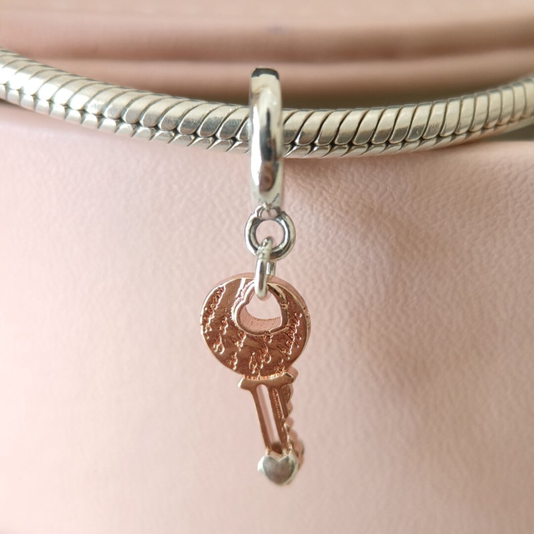 Two-tone Key & Sliding Heart Dangle Charm Fits Pandora Charms Bracelet ...