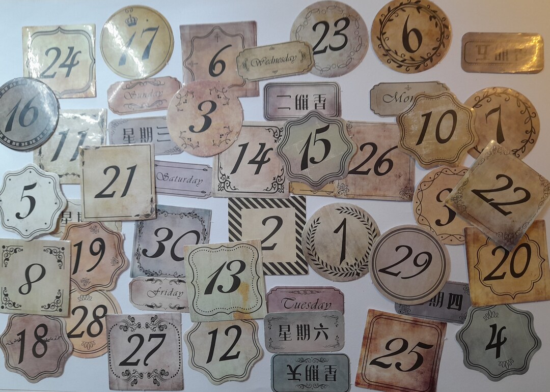 Numbers and Labels, Vintage Stickers, 45 Pieces, Junk Journal Ephemera ...