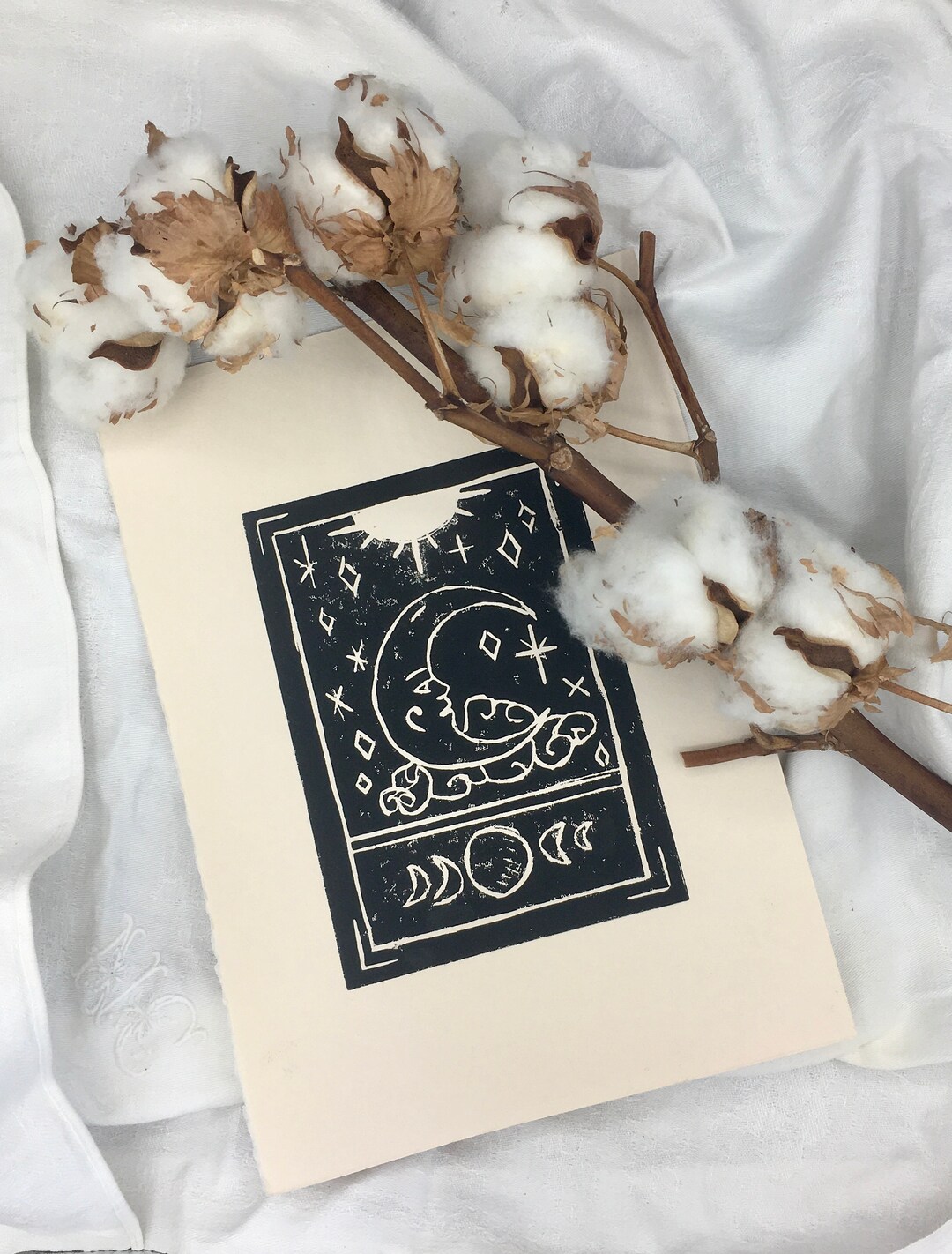 The Moon, Original Linocut Art Print, Handmade, A5 Format, Wall Decor ...