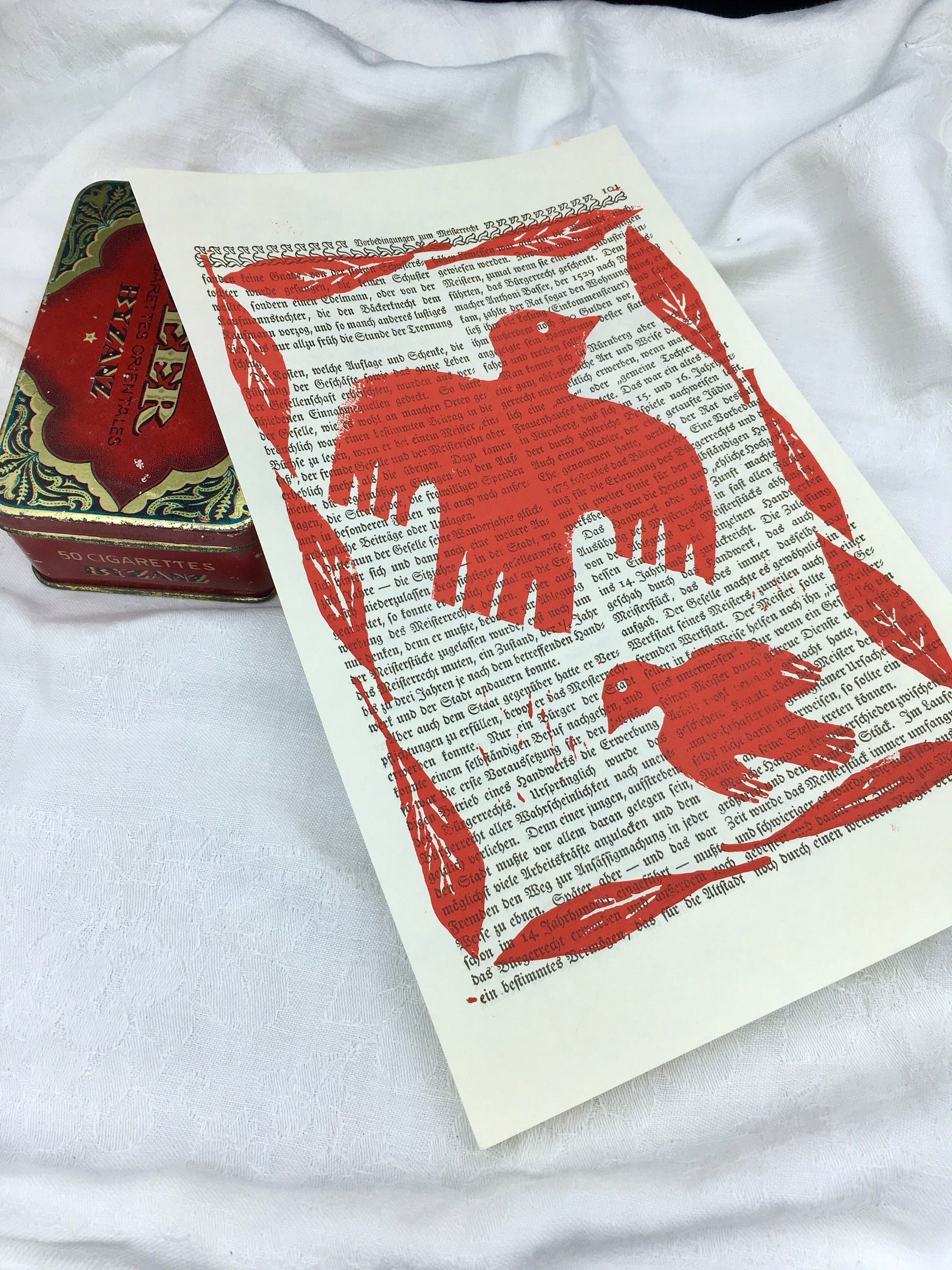 Original Linocut Art Print Handmade Red Ink on Vintage - Etsy