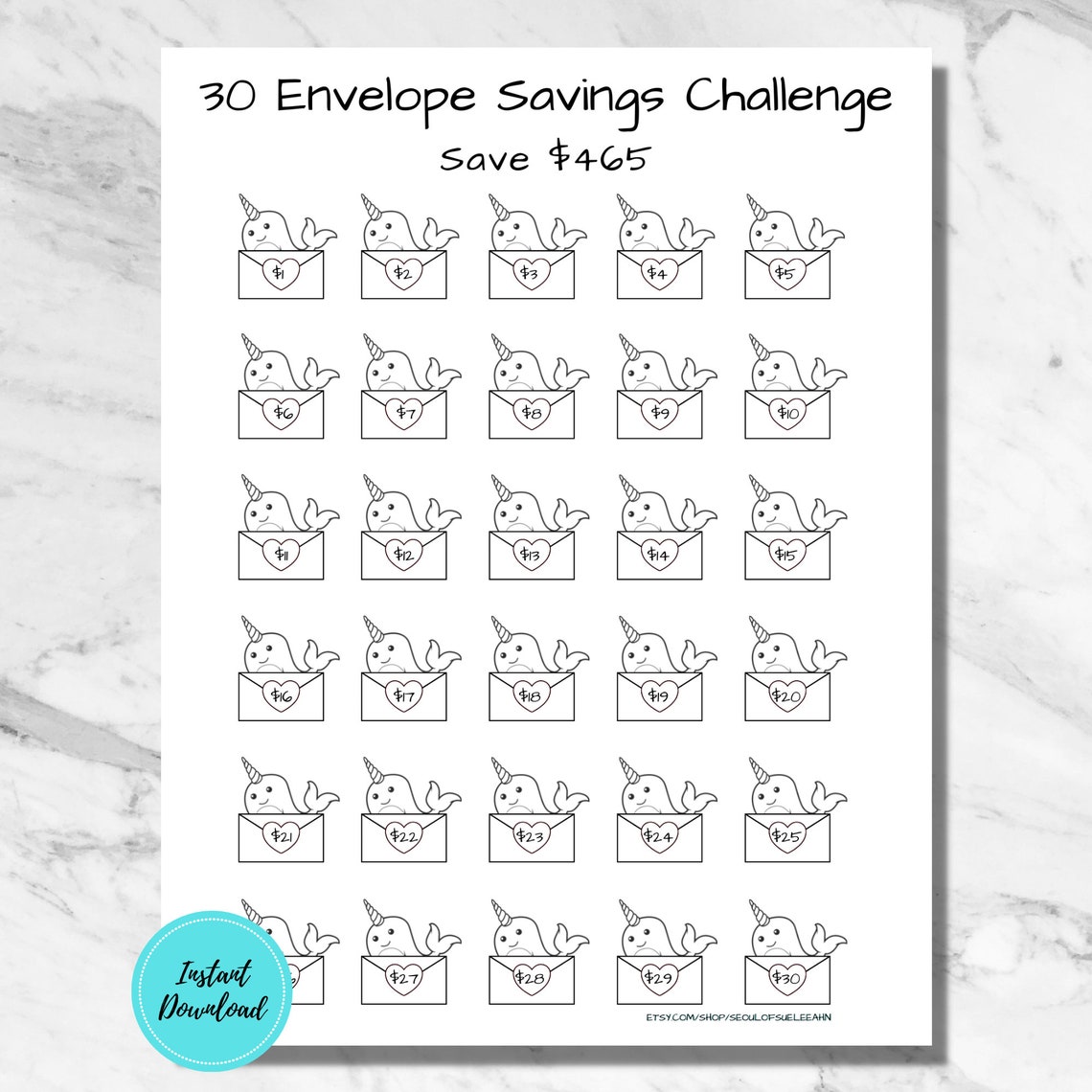 30 Envelope Savings Challenge Tracker, Money Challenge, Narwhal Design ...