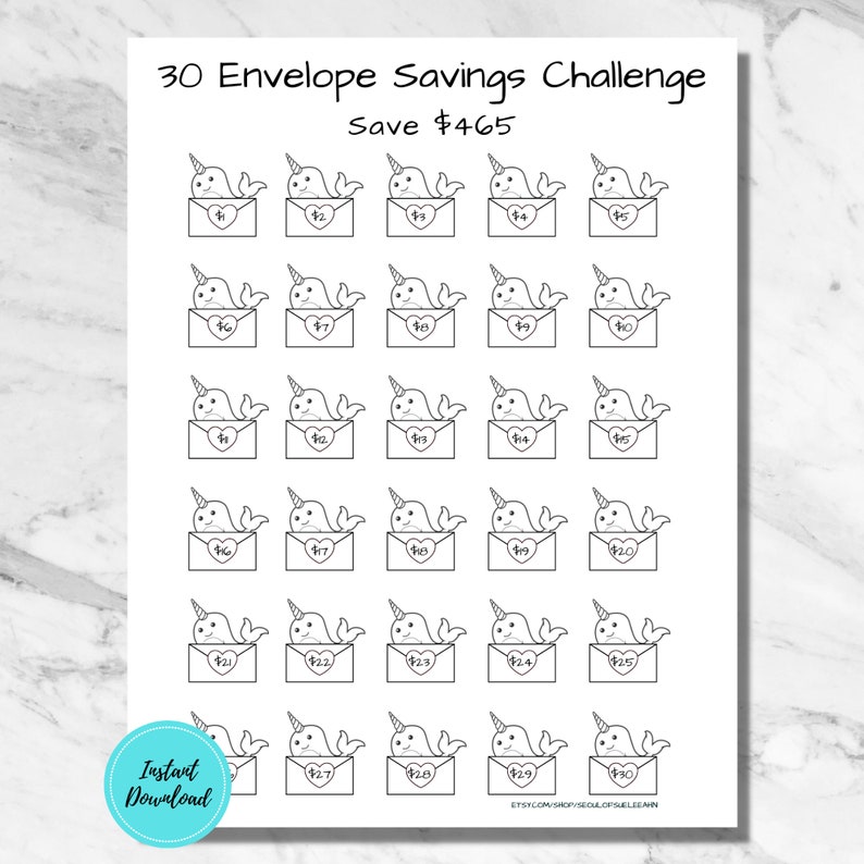 30 Envelope Savings Challenge Tracker, Money Challenge, Narwhal Design ...