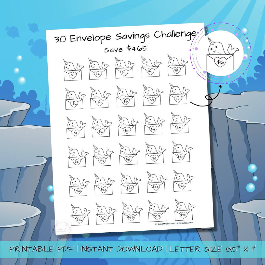 30 Envelope Savings Challenge Tracker, Money Challenge, Narwhal Design ...