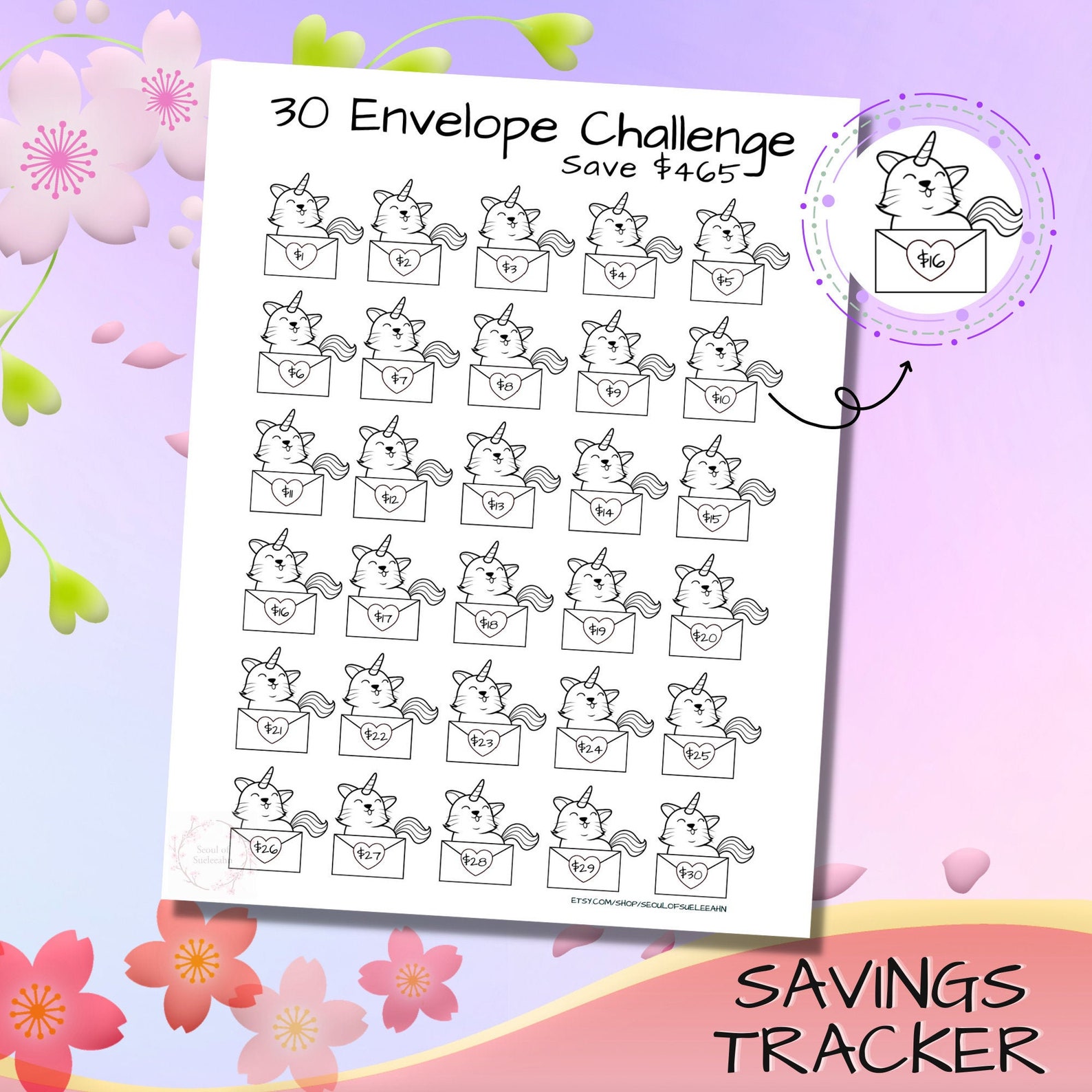 30 Envelope Savings Challenge Tracker, Money Challenge, Cat Unicorn ...