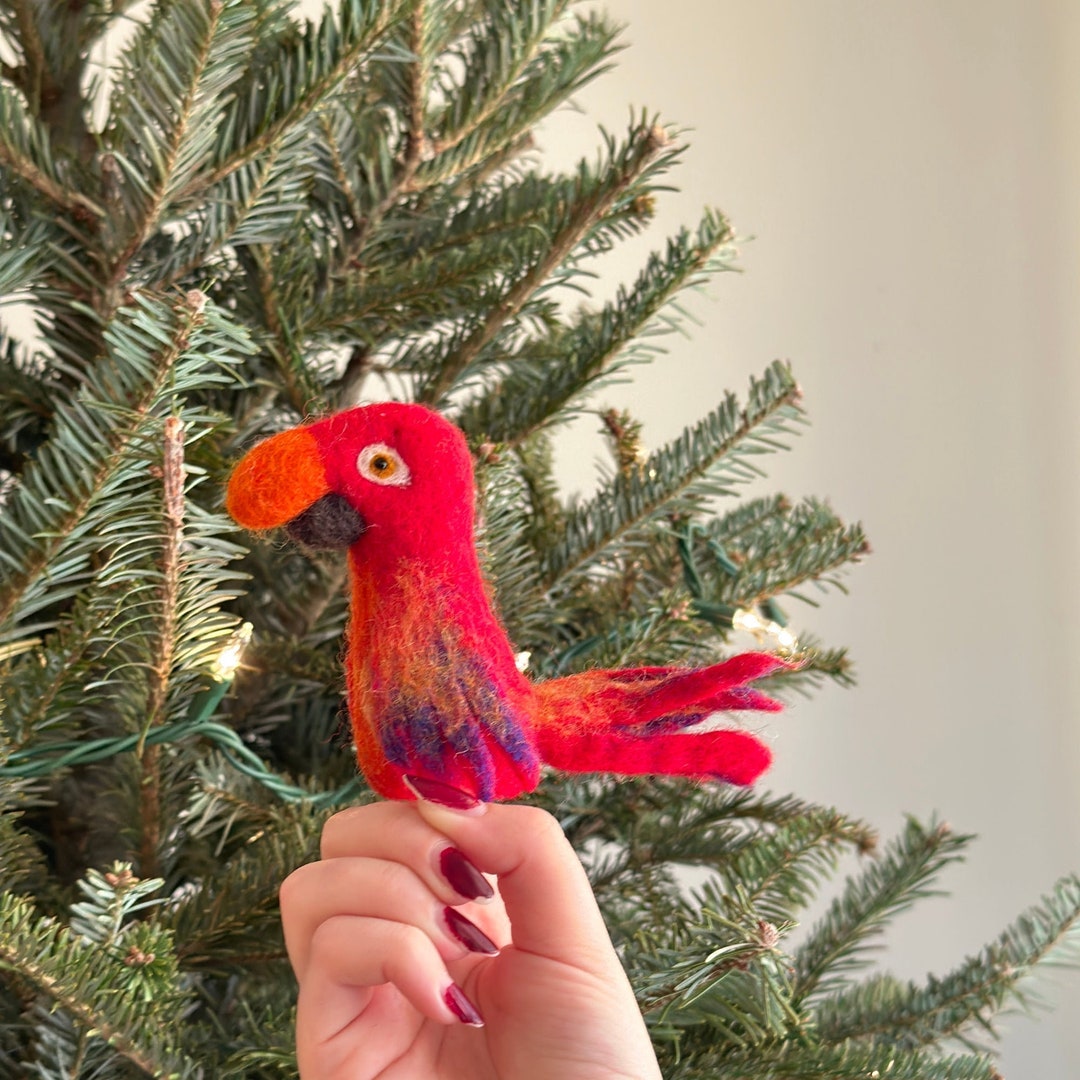 Needle Felted Red Parrot Finger Puppet - Handcrafted Wool Bird Toy ...