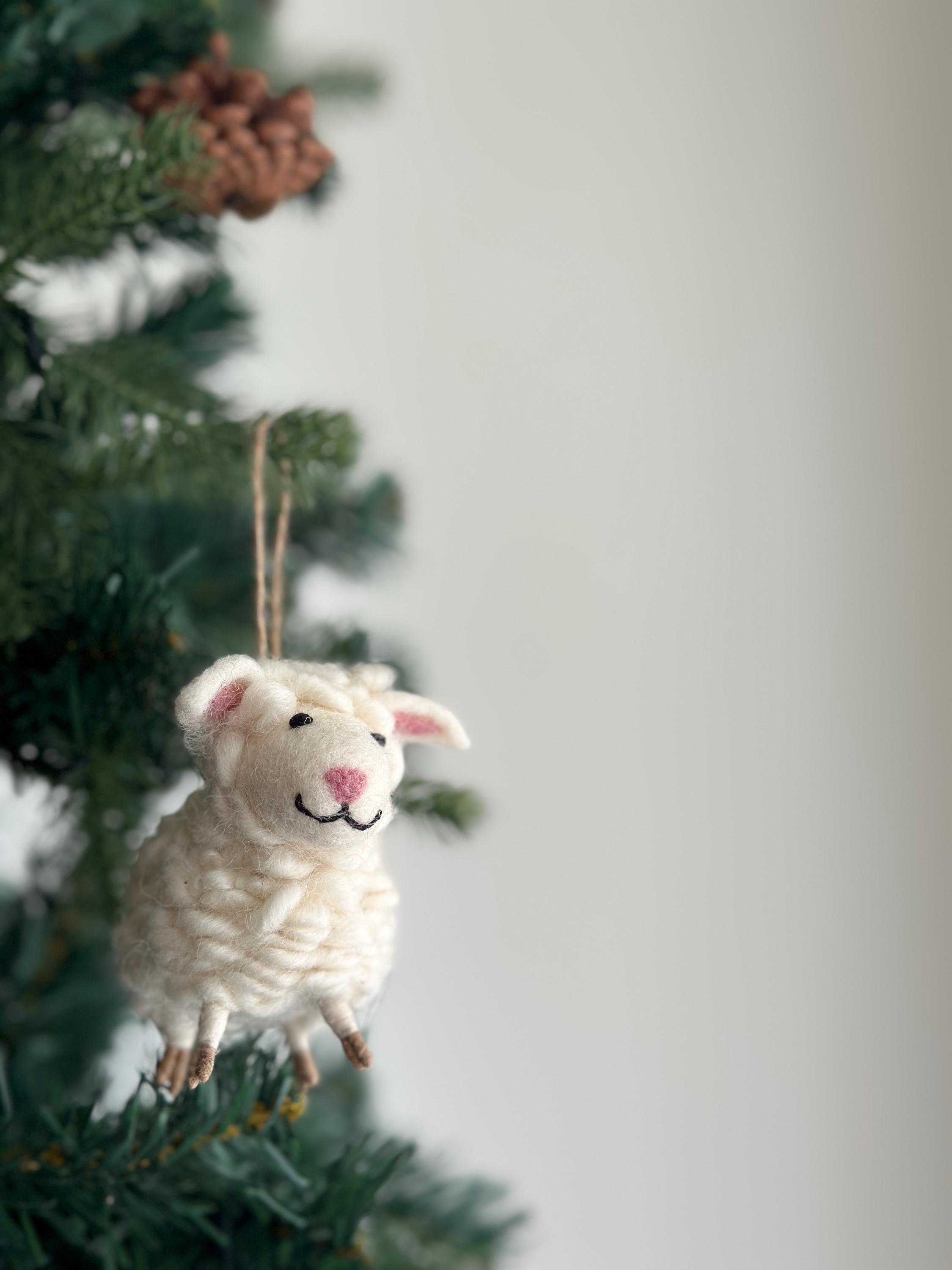 Felt Sheep Ornament With Pink Ear & Nose, Jute Thread String Attached ...