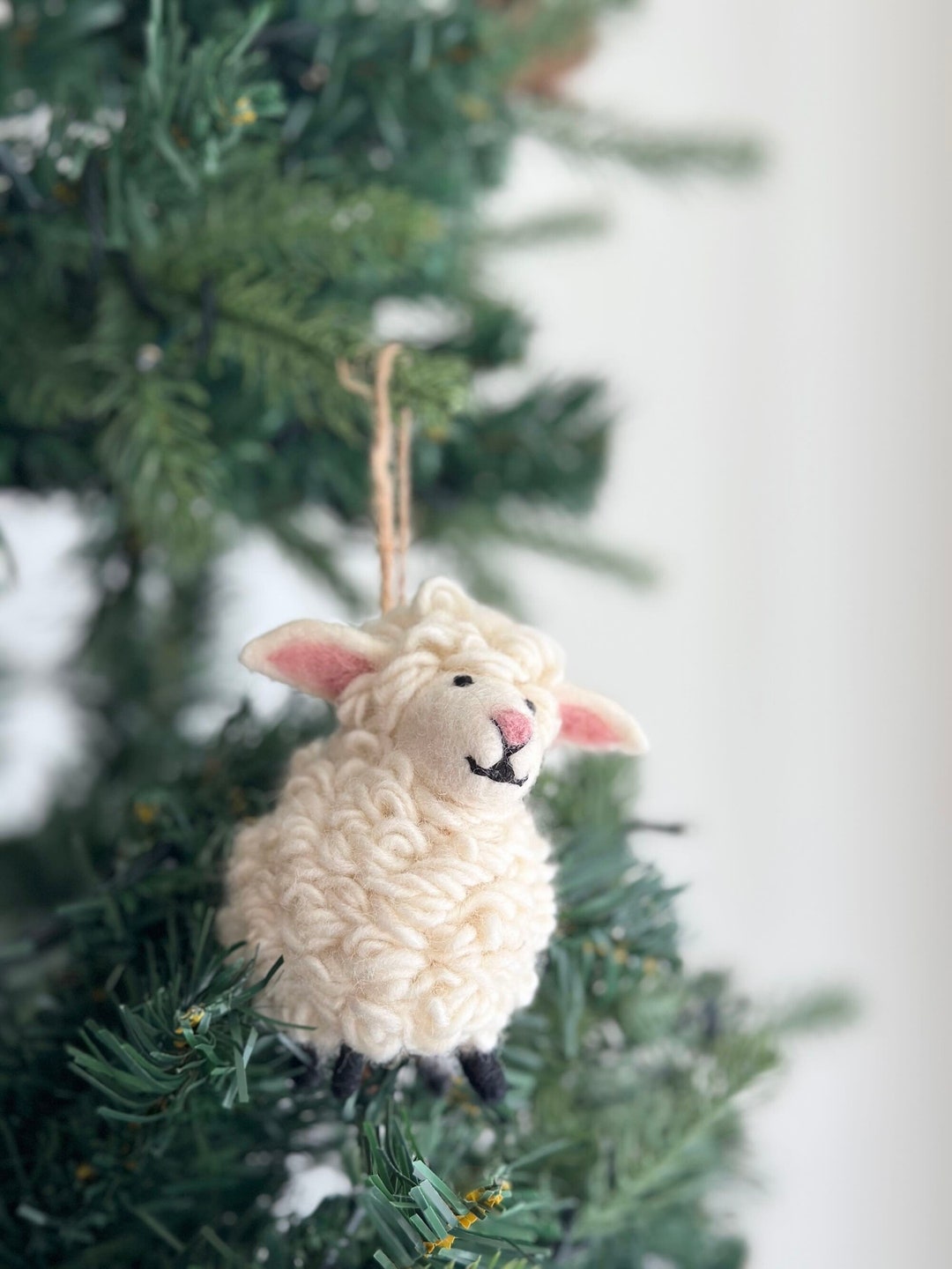 Felt Sheep Ornament With Pink Ear & Nose, Jute Thread String Attached ...