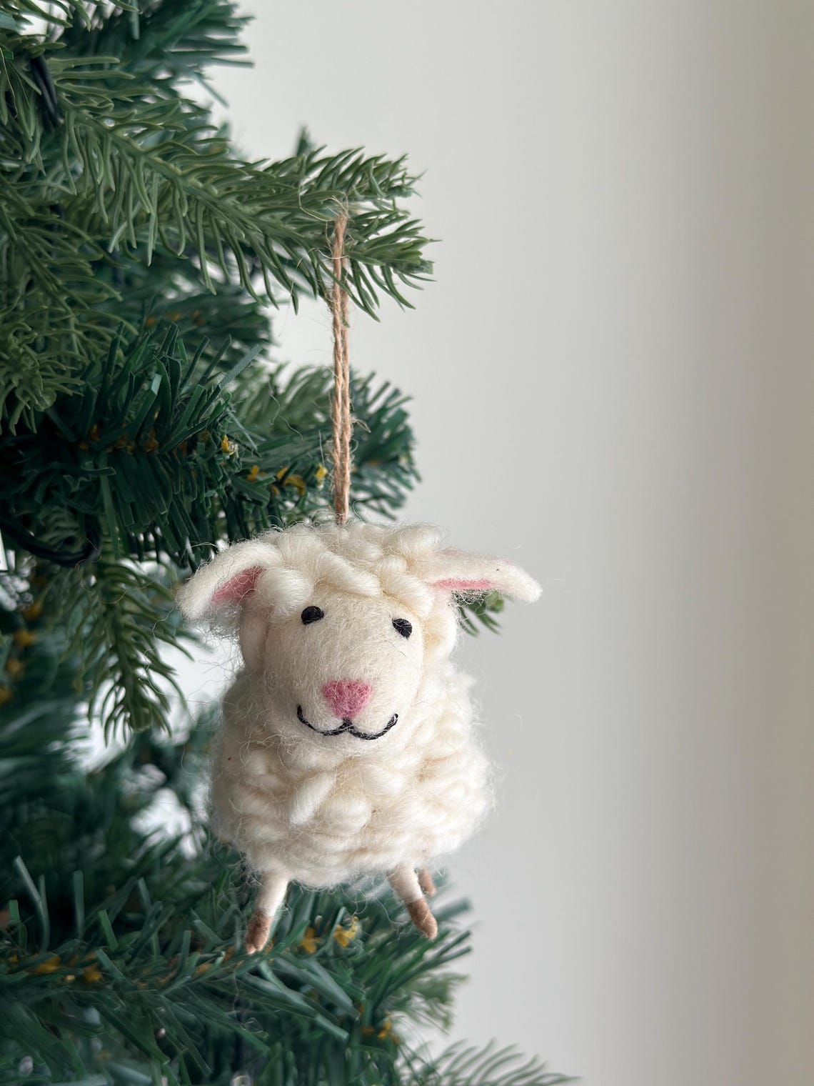 Felt Sheep Ornament With Pink Ear & Nose, Jute Thread String Attached ...