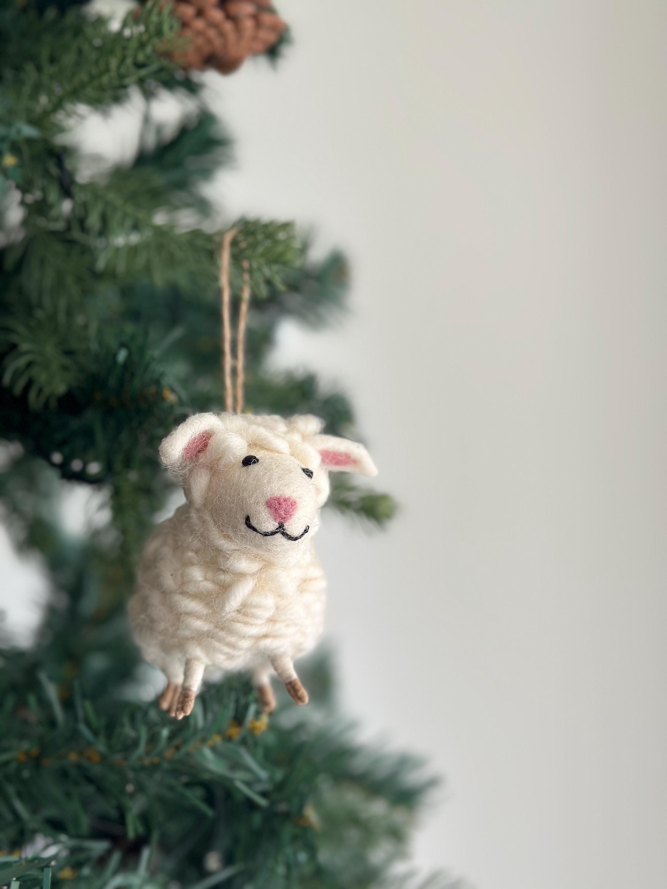 Felt Sheep Ornament With Pink Ear & Nose, Jute Thread String Attached ...