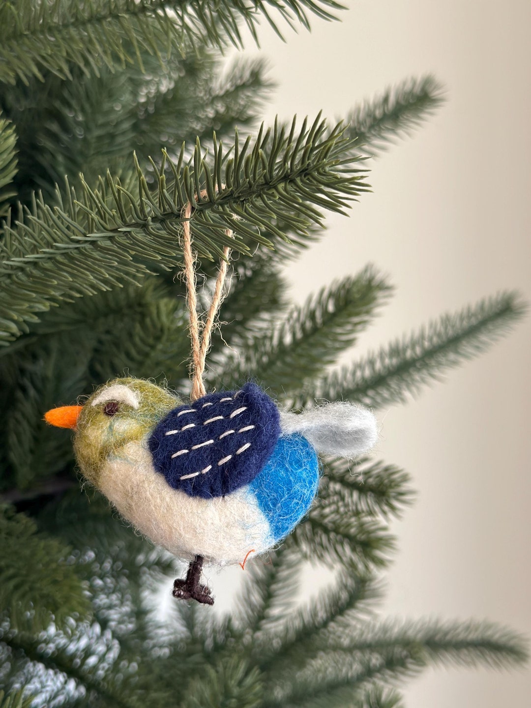 Needle Felted Blue Bird Ornament With Hemp String Attached, Bird ...