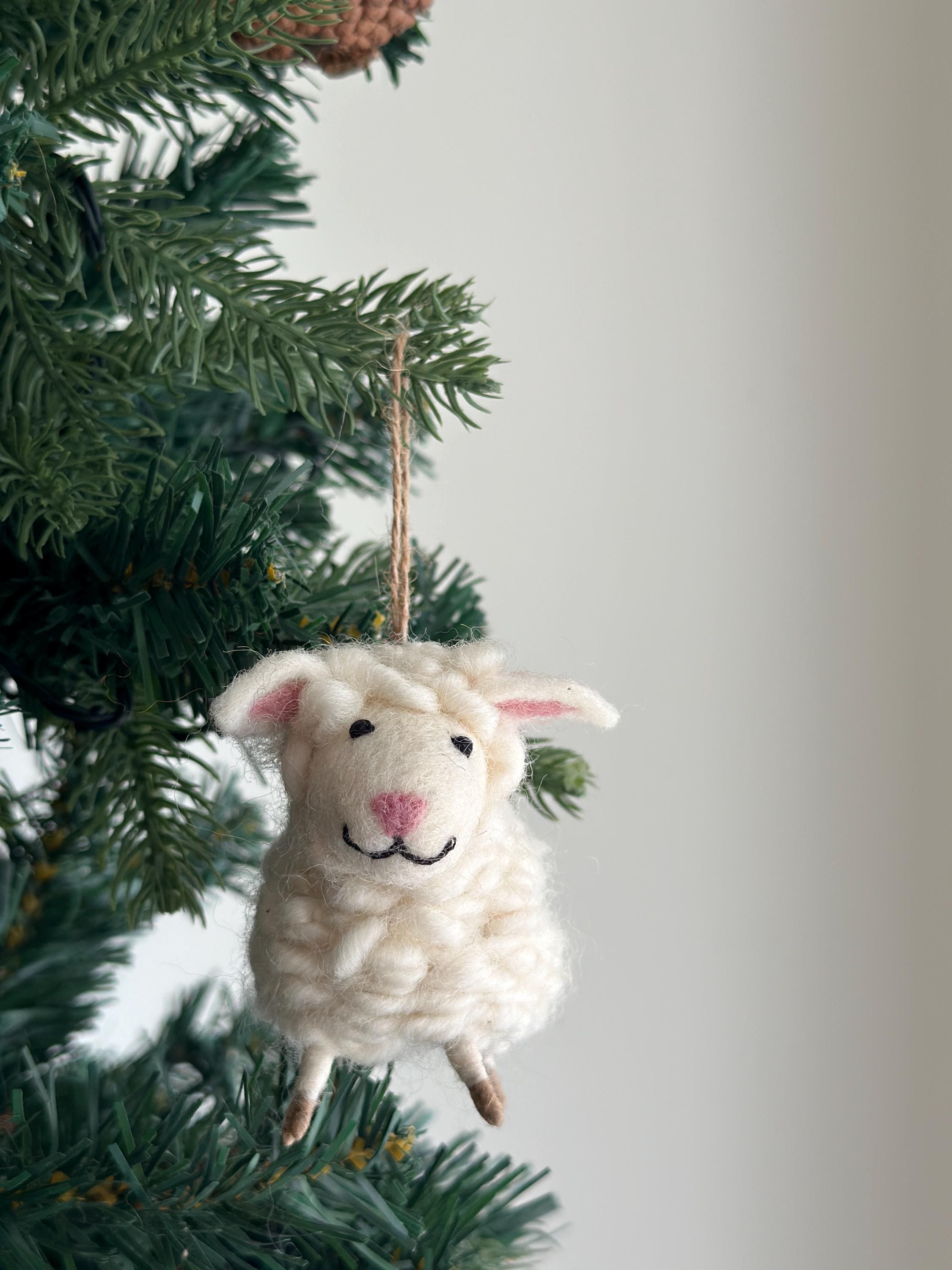 Felt Sheep Ornament With Pink Ear & Nose, Jute Thread String Attached ...