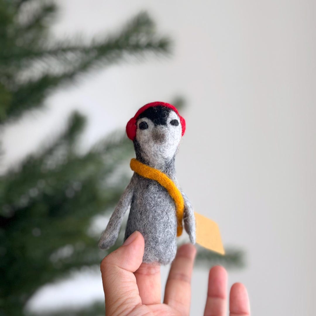 Felt Penguin Finger Puppet, Penguin Wearing Headphone and a Bag, Arctic ...