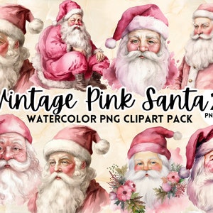 Pink Santa Clause Watercolor Clipart Pack 26 PNG Images for - Etsy