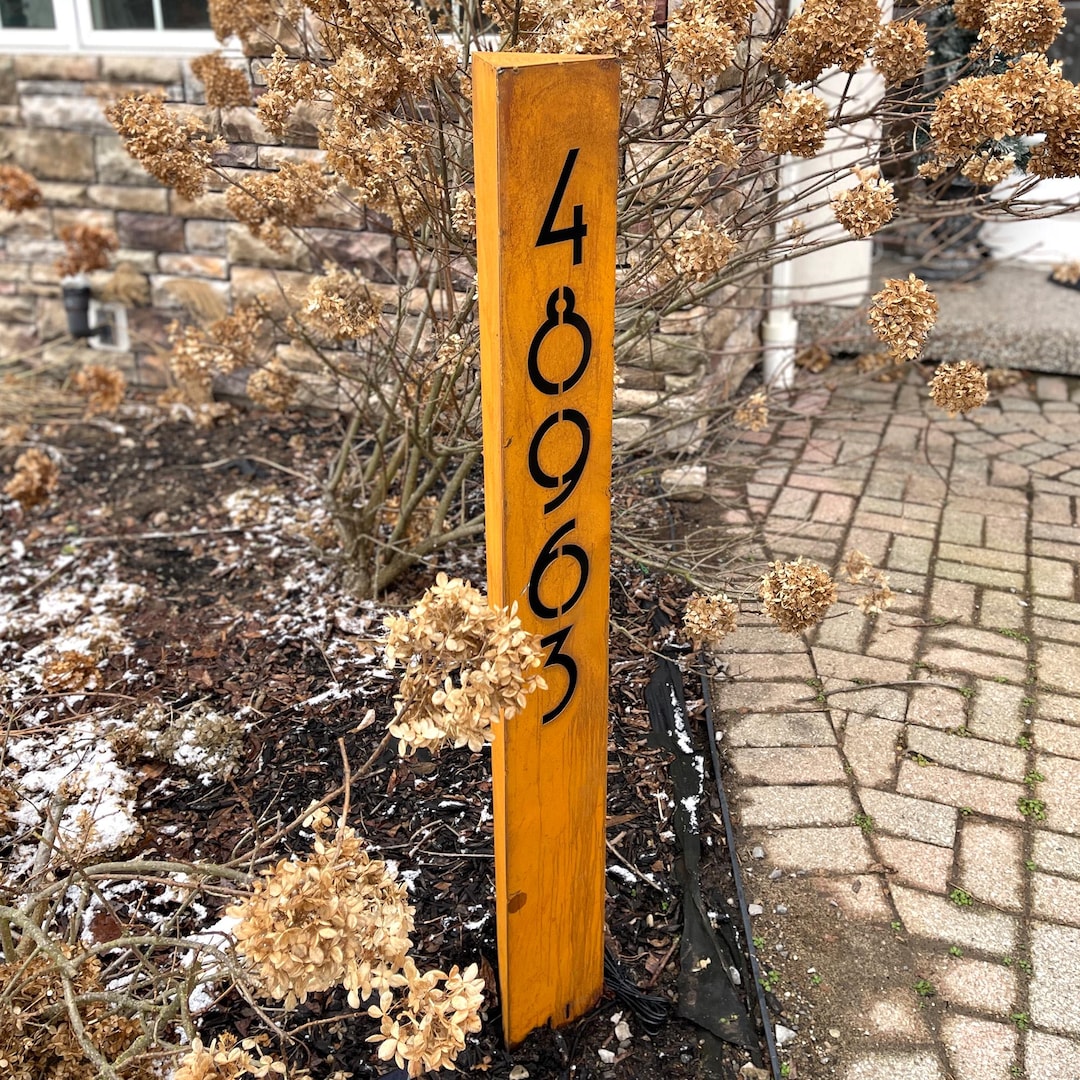 Rusted House Numbers Column Sign | Tall Modern House Address Sign | 3 ...