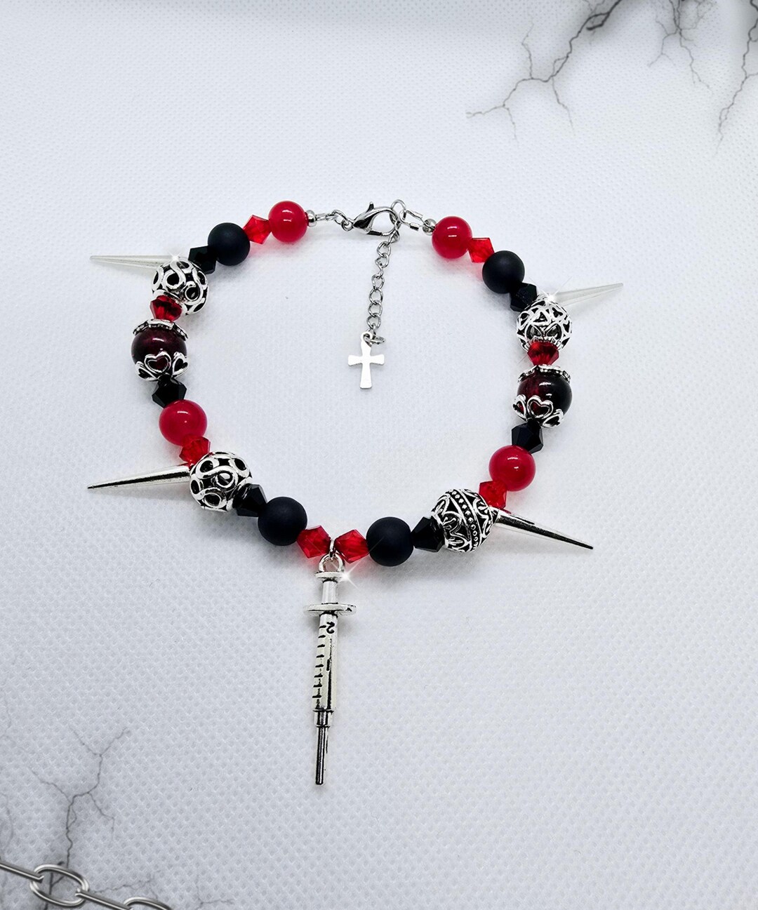 Red and Black Goth Bracelet: Spike & Syringe Charm, Alternative Jewelry ...