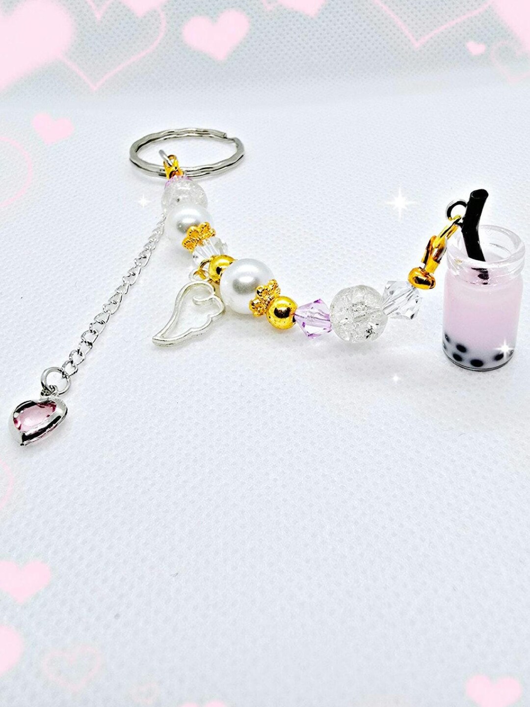 Adorable Kawaii Pink Boba Tea Charm and Angel Wing Charm With Sparkling ...