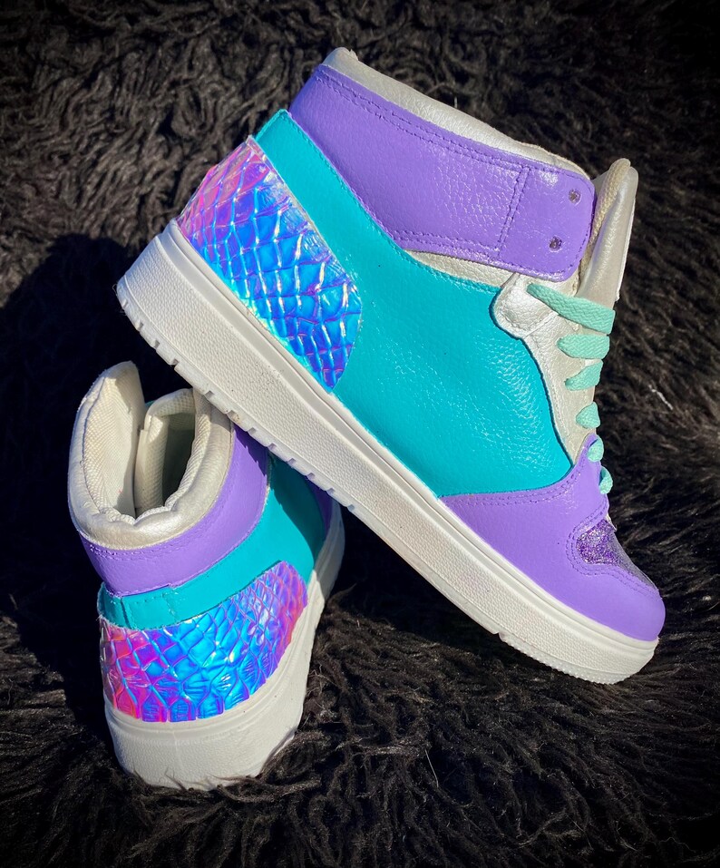 Custom Purple Turquoise Holographic Disco Ball High Top Trainers. Hand ...