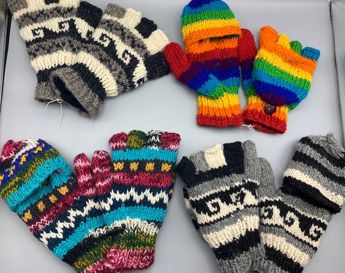 Gloves Mittens Flip Top Convertible Hand Knitted Wool Woolen Fingerless ...