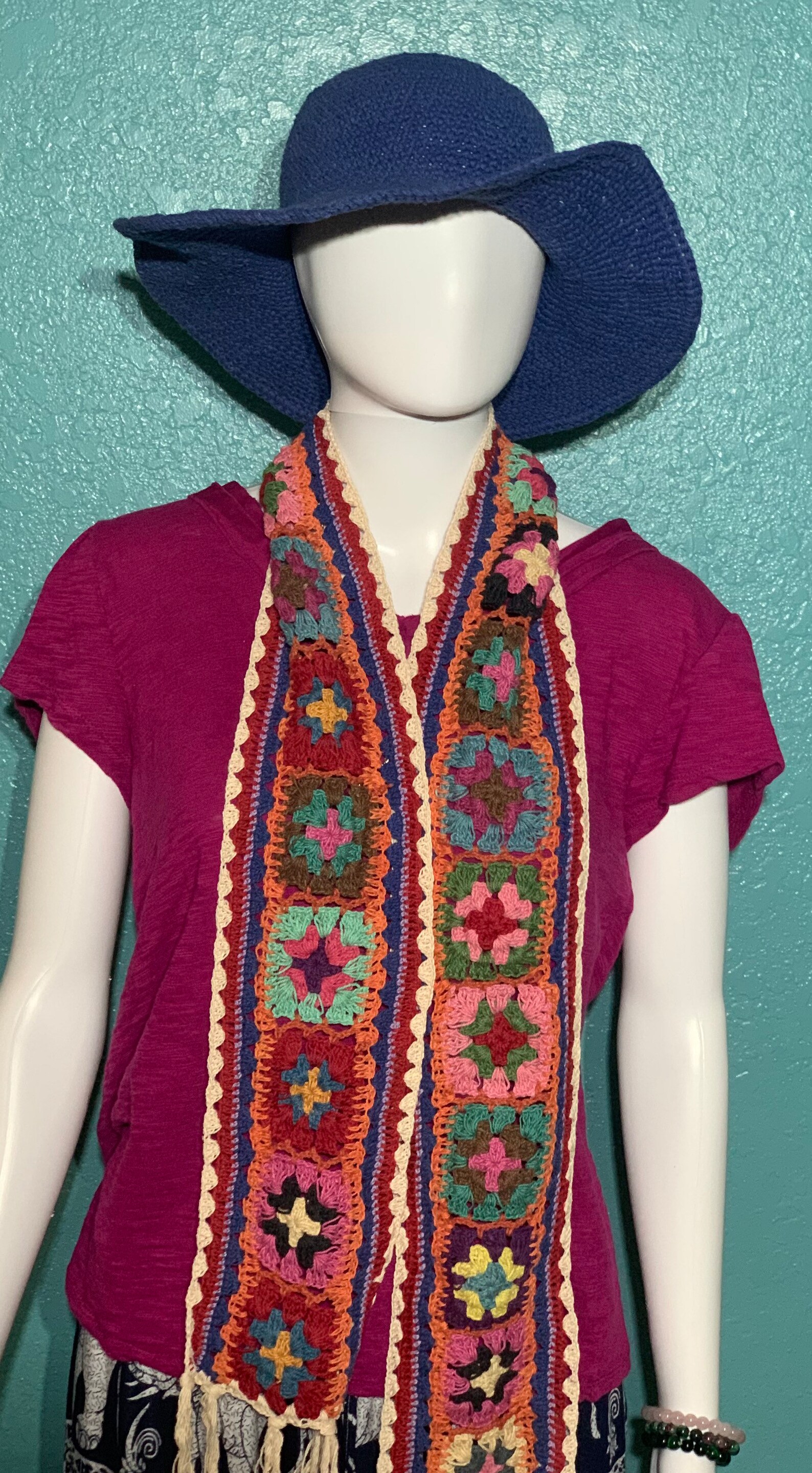 Scarf Hand Knitted Crochet Retro Granny Squares Pattern Scarf 64" X 5 ...