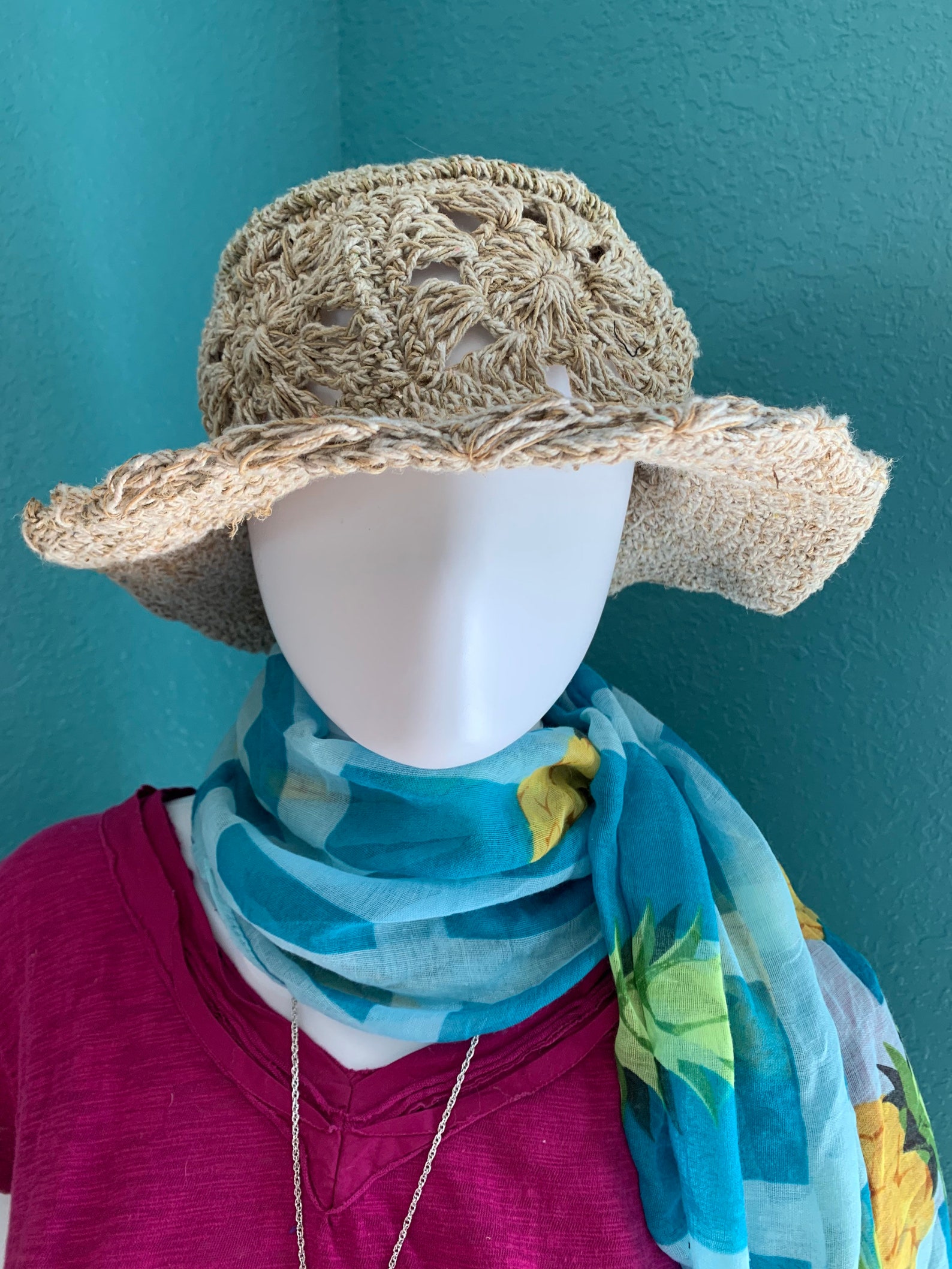 Hemp or Cotton Hat Bendable Rim Crochet Straw Beach Sun Travel Cruise ...