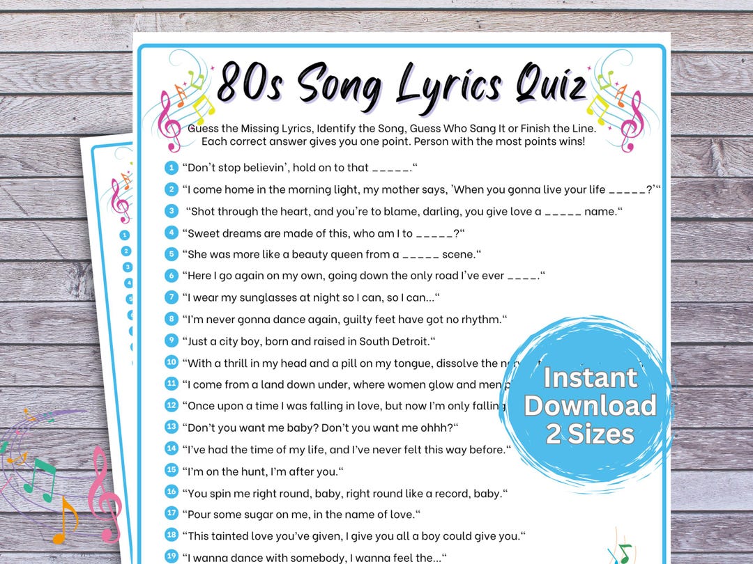 1980s Music Trivia Game: Finish the Lyrics, Family Game Night (PDF) - Etsy