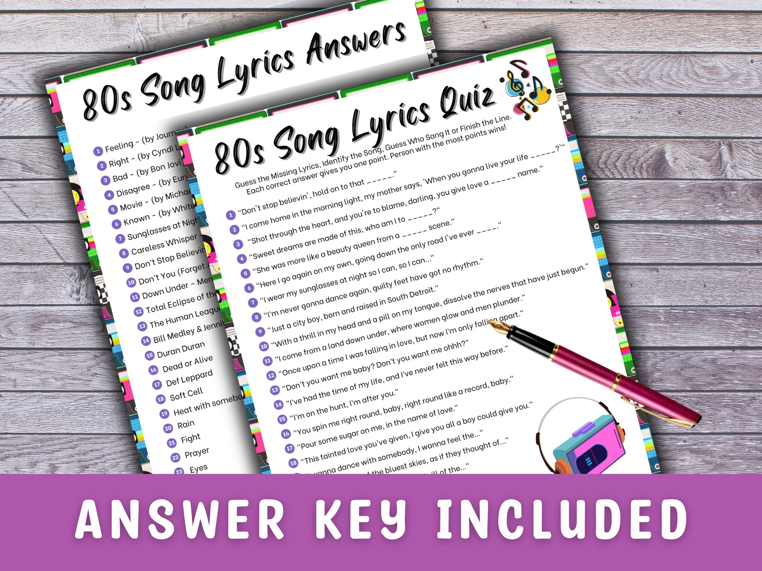 1980s Finish the Lyrics Quiz, 80s Trivia Game, Name That Tune, Name ...