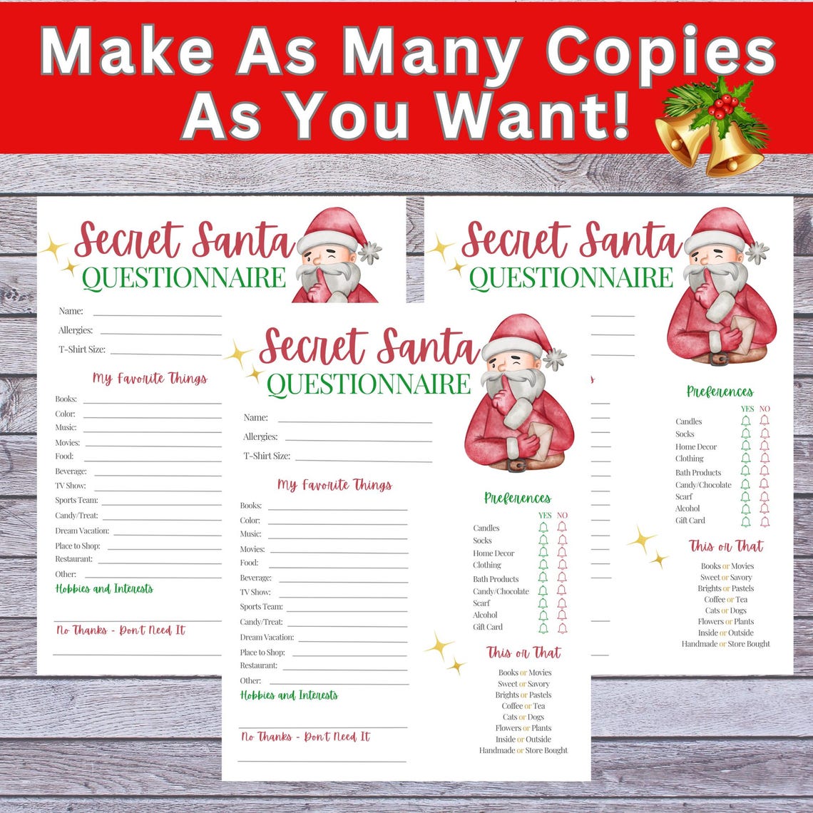 Secret Santa Questionnaire Printable, Holiday Gift Exchange Ideas ...