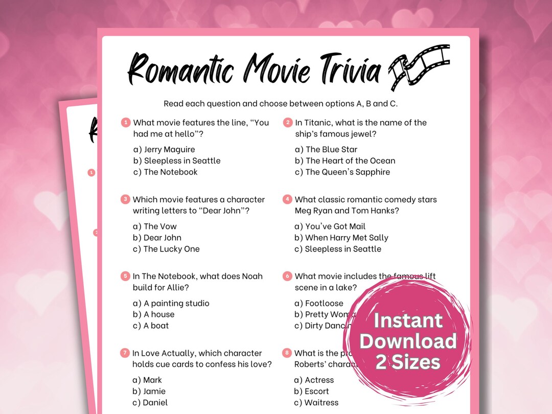 Romantic Movie Trivia Game, Valentine's Day, Date Night (PDF) - Etsy
