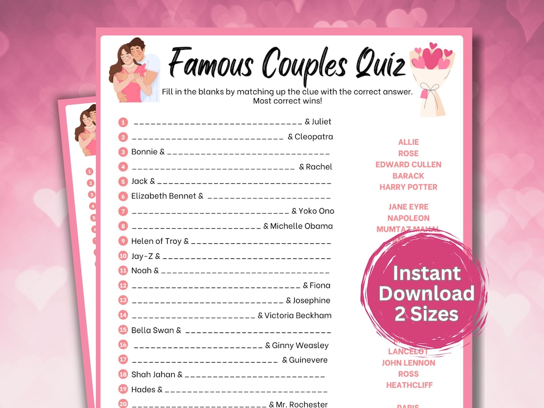 Valentine's Day Famous Couples Game, Couple Trivia Game, Match Game ...