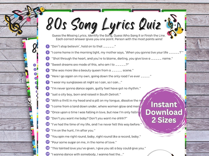 1980s Finish the Lyrics Quiz, 80s Trivia Game, Name That Tune, Name ...