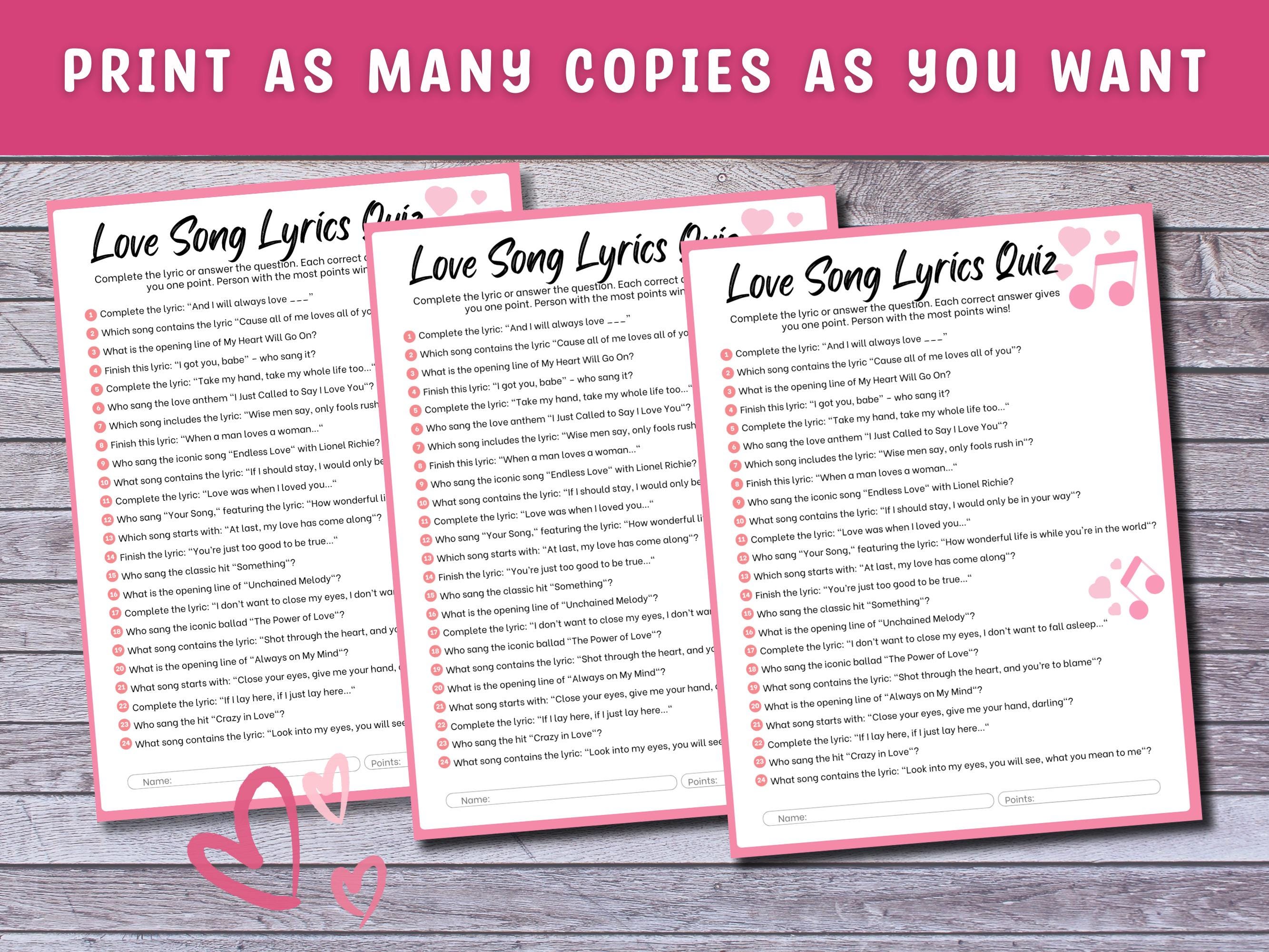 Valentine Finish the Lyrics Game Love Song, Guess the Lyrics, Name That ...