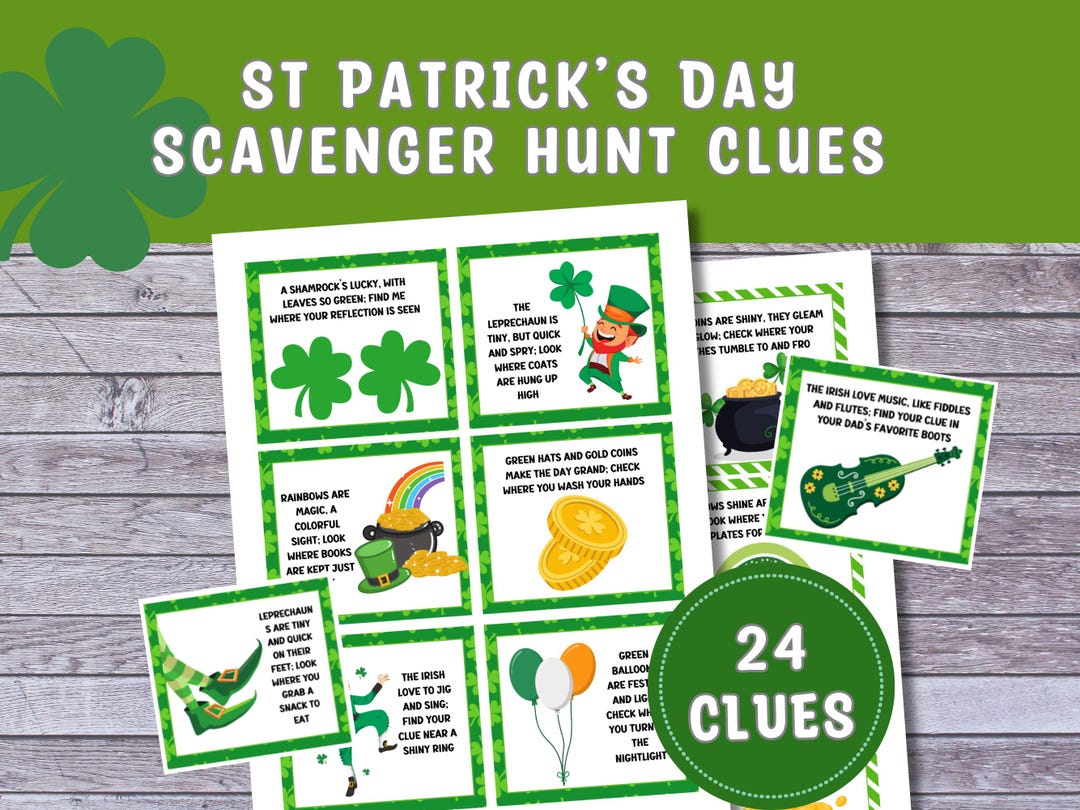 St Patricks Day Scavenger Hunt Clues for Kids, Indoor Treasure Hunt ...