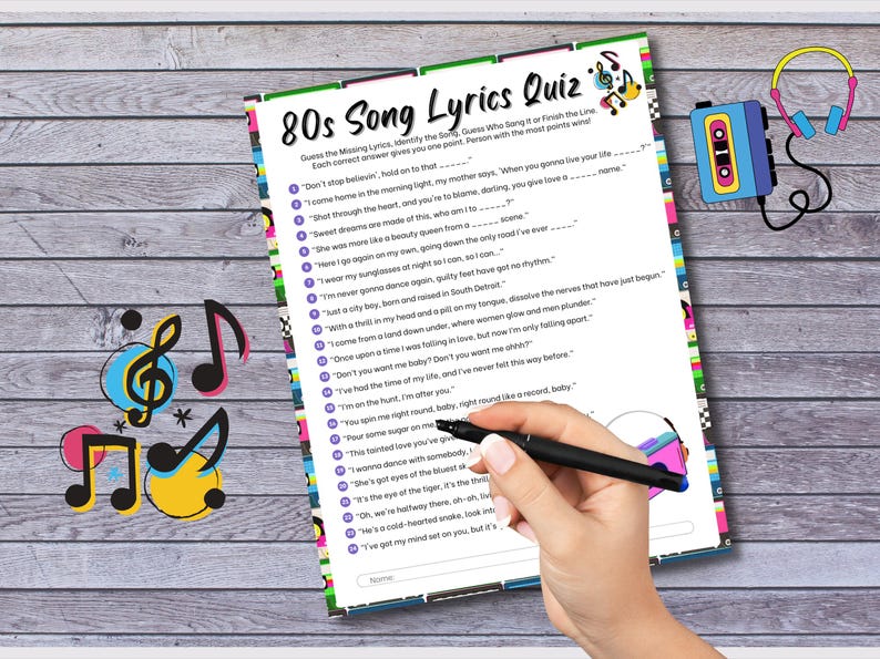 1980s Finish the Lyrics Quiz, 80s Trivia Game, Name That Tune, Name ...
