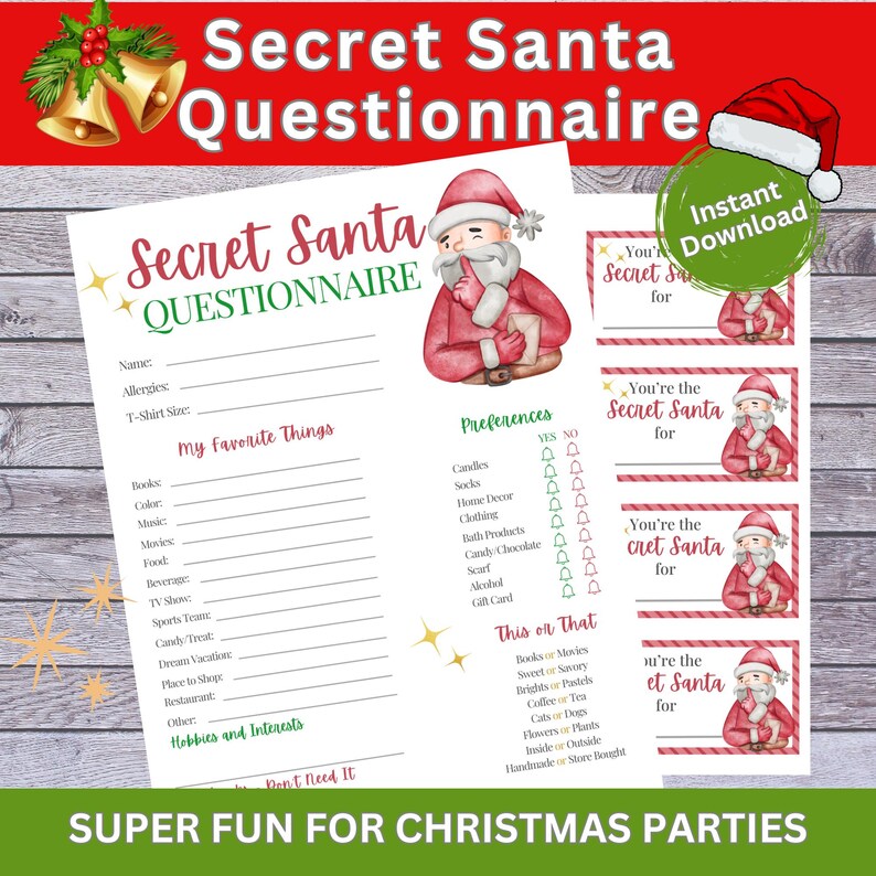 Secret Santa Questionnaire Printable: Christmas Wish List, Gift ...