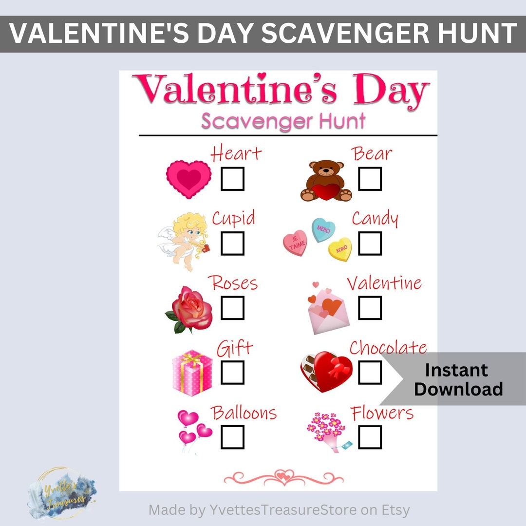 Valentine's Day Scavenger Hunt Printable Game, Treasure Hunt for Kids ...
