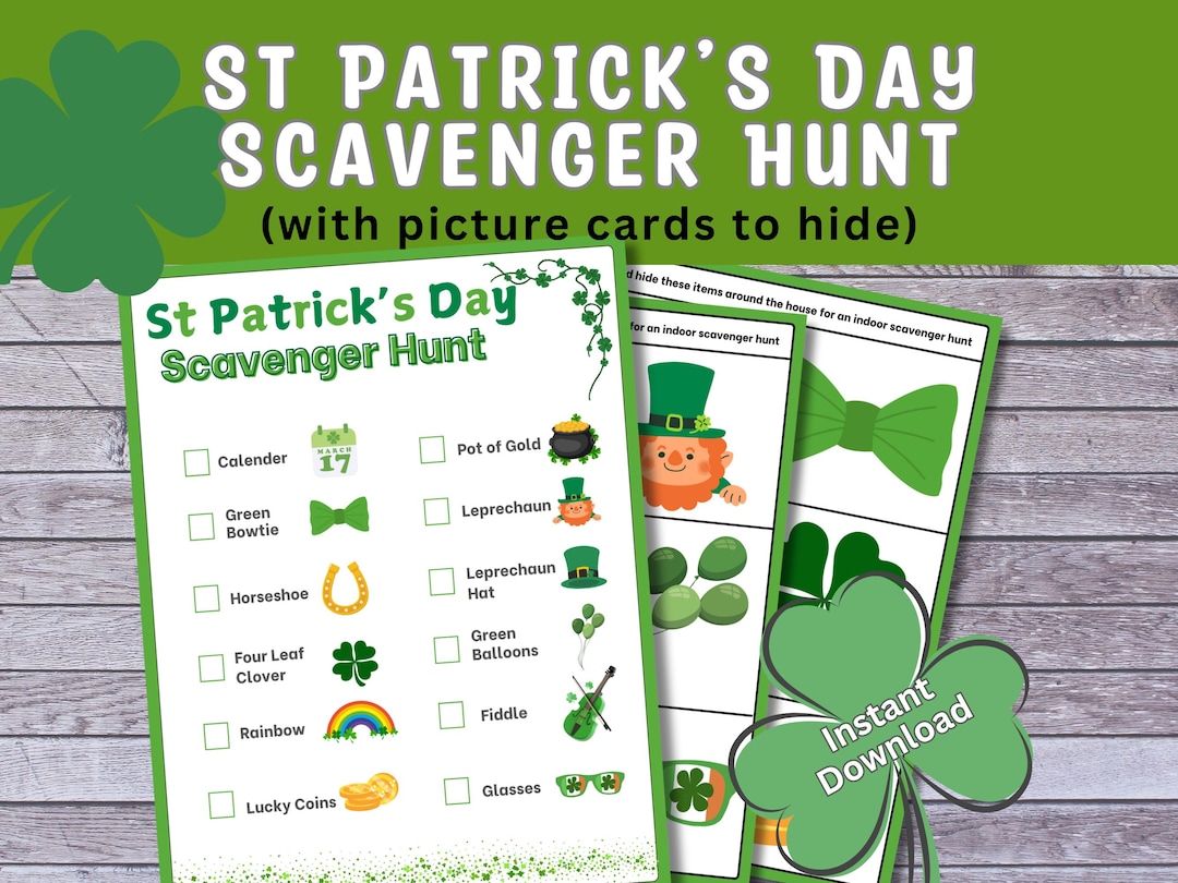 St Patrick' Day Scavenger Hunt for Kids, Indoor Treasure Hunt Clues, St ...