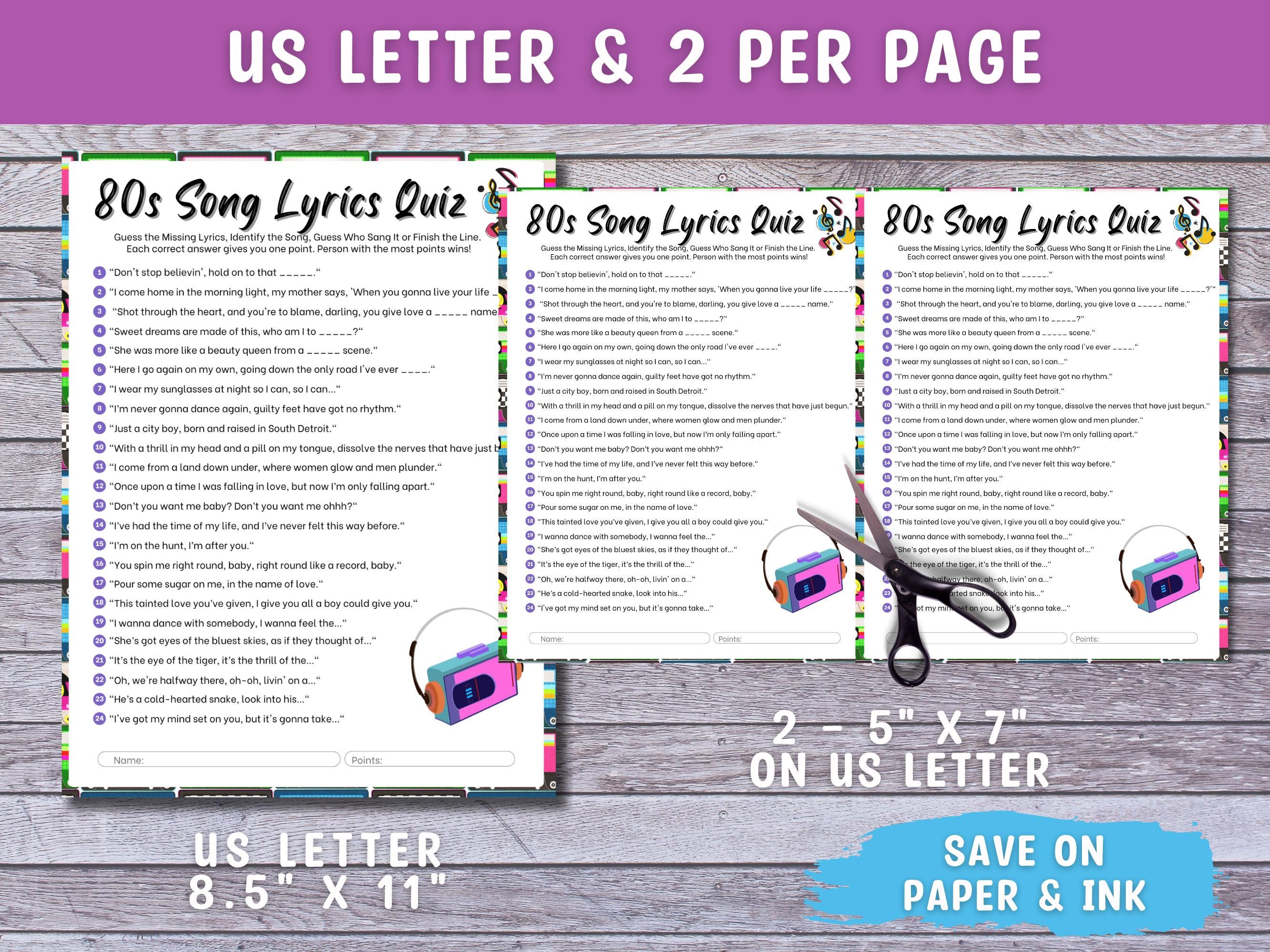 1980s Finish the Lyrics Quiz, 80s Trivia Game, Name That Tune, Name ...