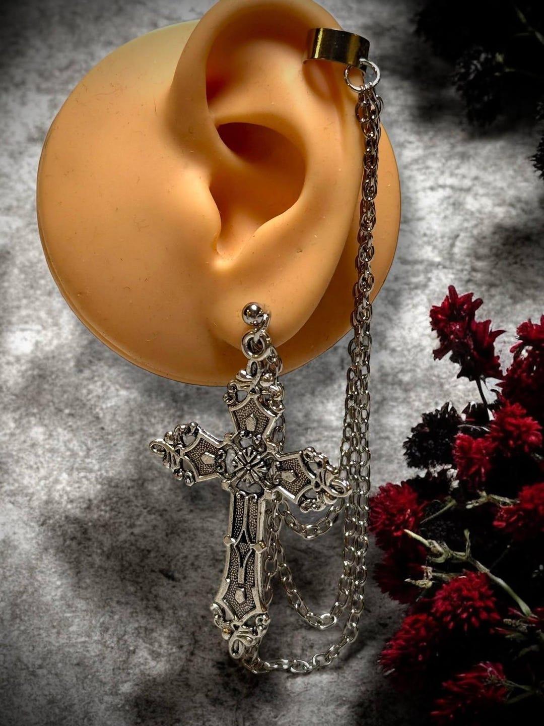 Silver Gothic Cross Earring With Dangling Chain Clip Cuff Punk Rock ...