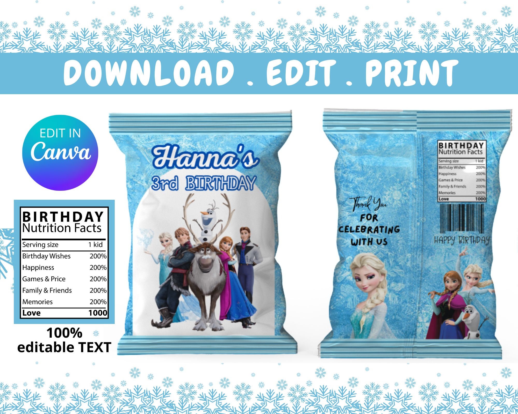 FROZEN Chip Bag Template, Frozen Chip Bags, Labels for Birthday Party ...