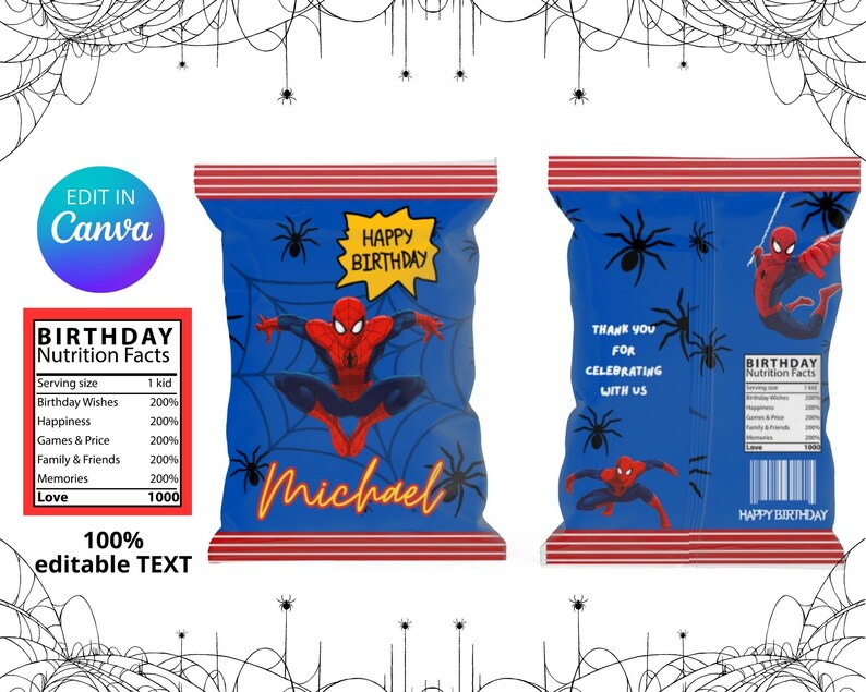 SPIDERMAN Chip Bag Template Wrapper , Party Chipsbag Can Printable ...