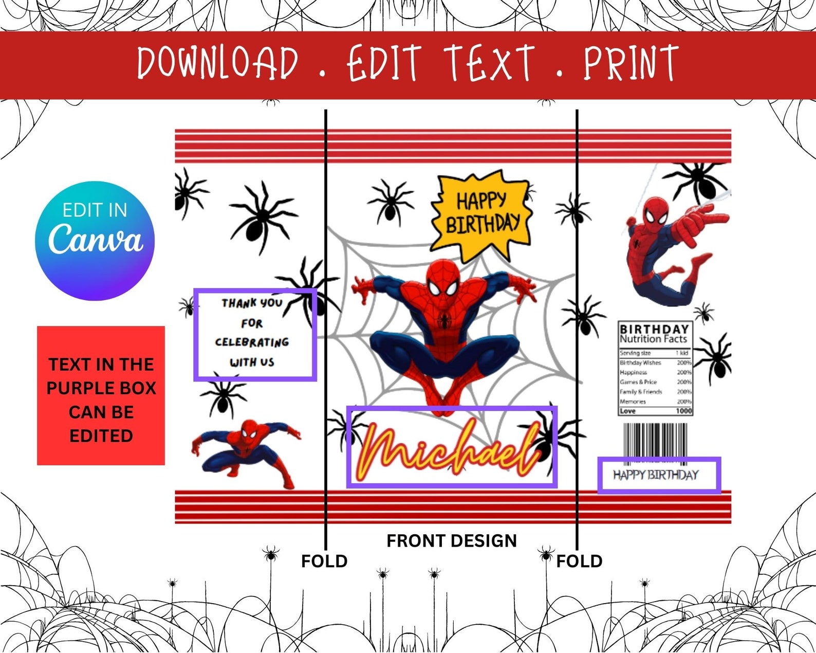 SPIDERMAN Chip Bag Template Wrapper , Party Chipsbag Can Printable ...