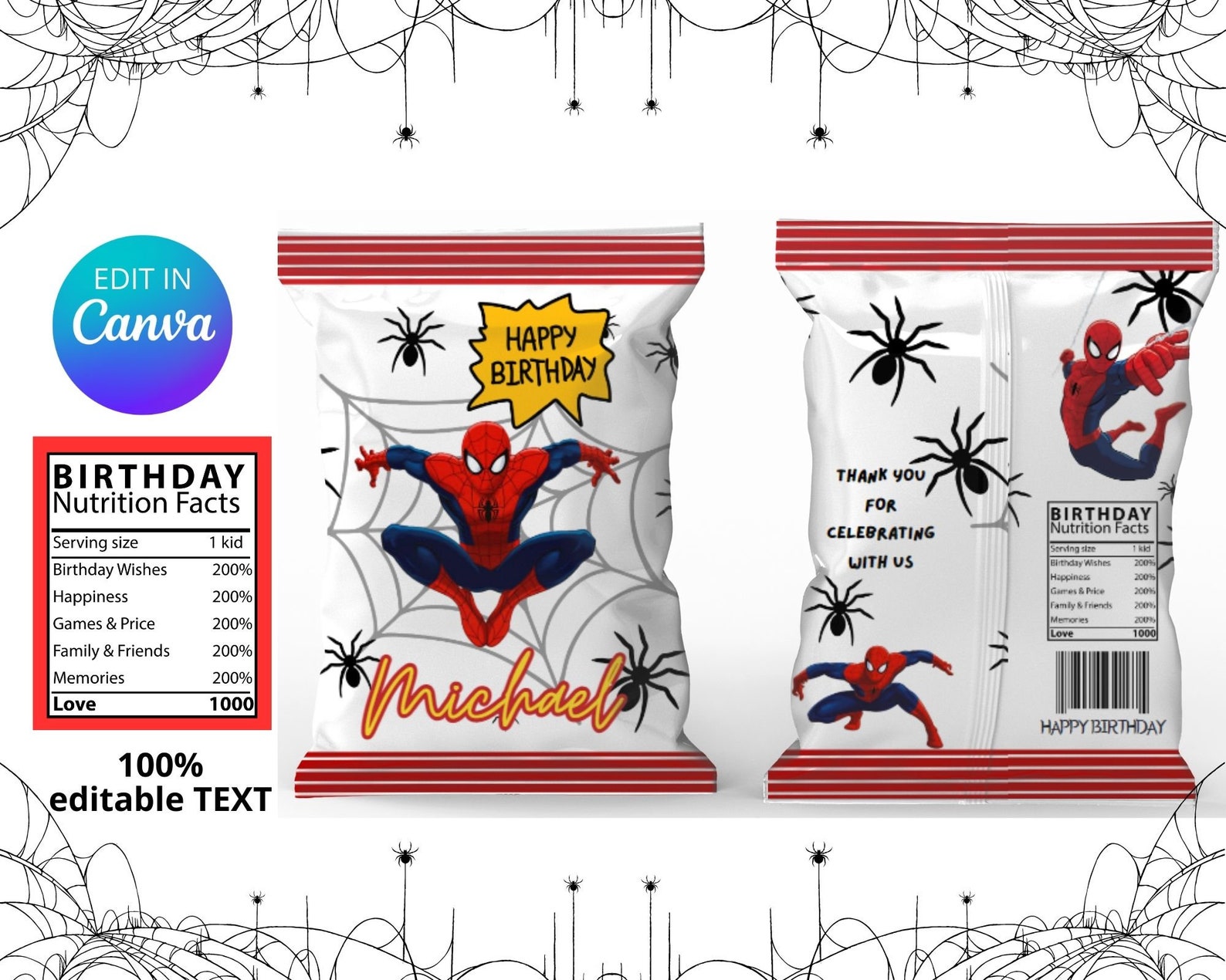 SPIDERMAN Chip Bag Template Wrapper , Party Chipsbag Can Printable ...