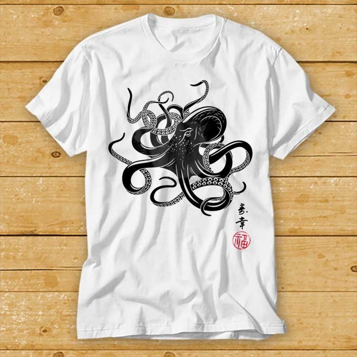 Octopus Japanese Calligraphy T Shirt Gyotaku Traditional Art Japan ...